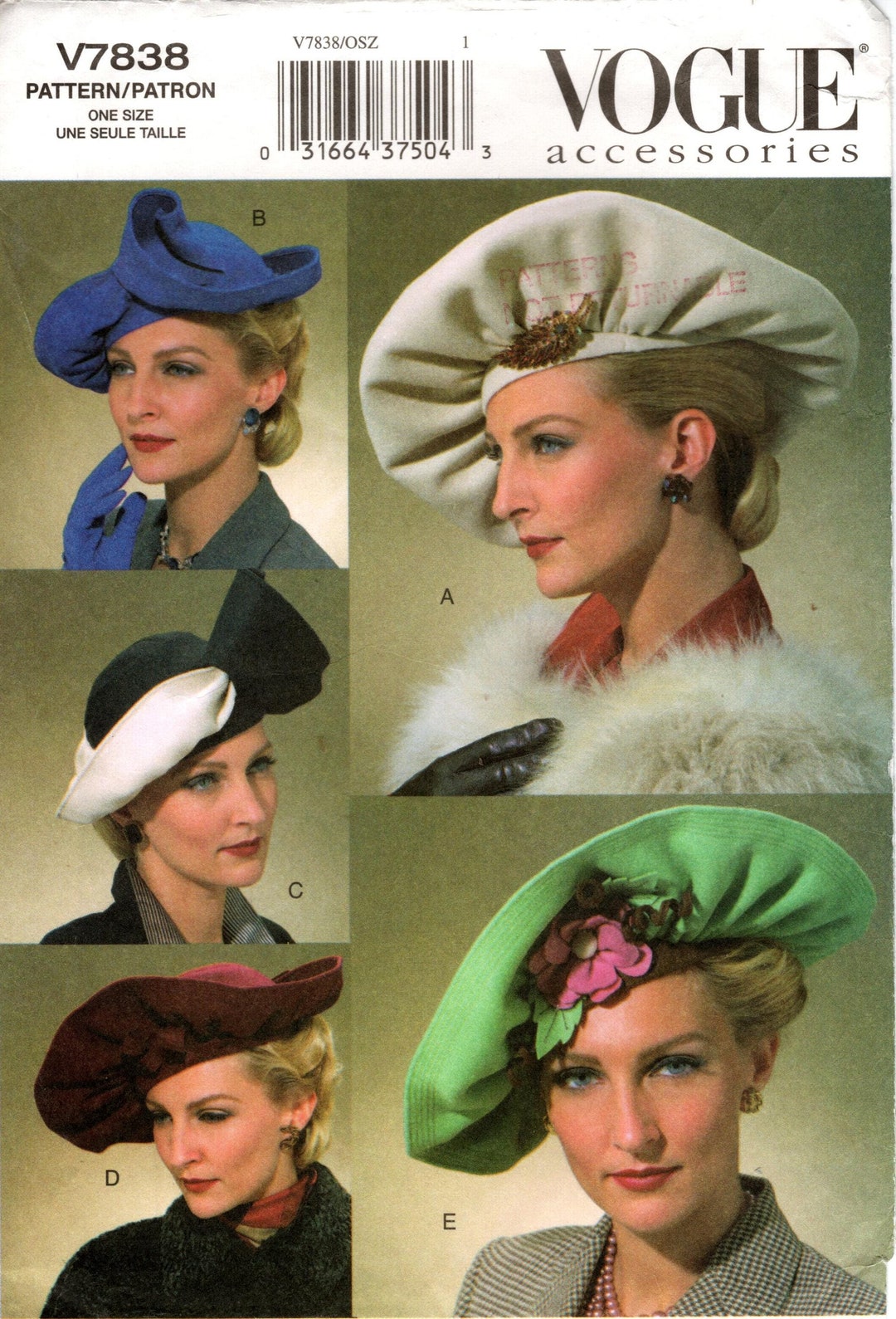 Vogue Hat Pattern: 1930s-40s Styles, One Size (P936/V7838) - Etsy
