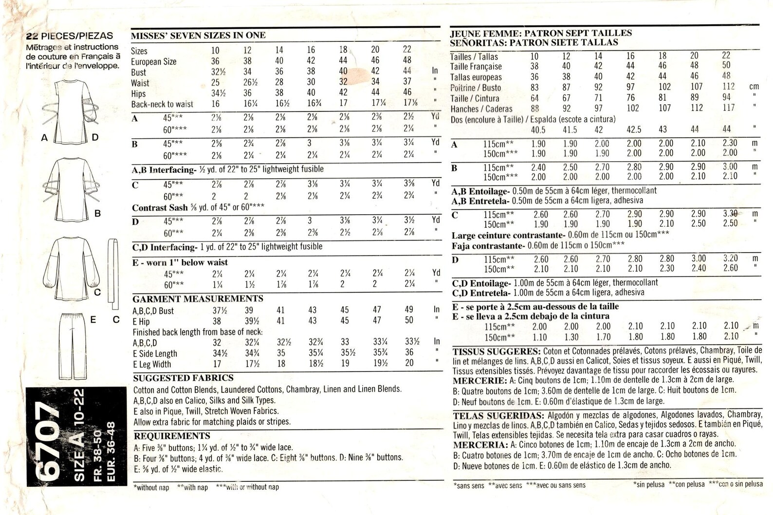 Sz 10 Thru 22 New Look Pattern 6707 Misses' Yoke Front Tunic or Top ...