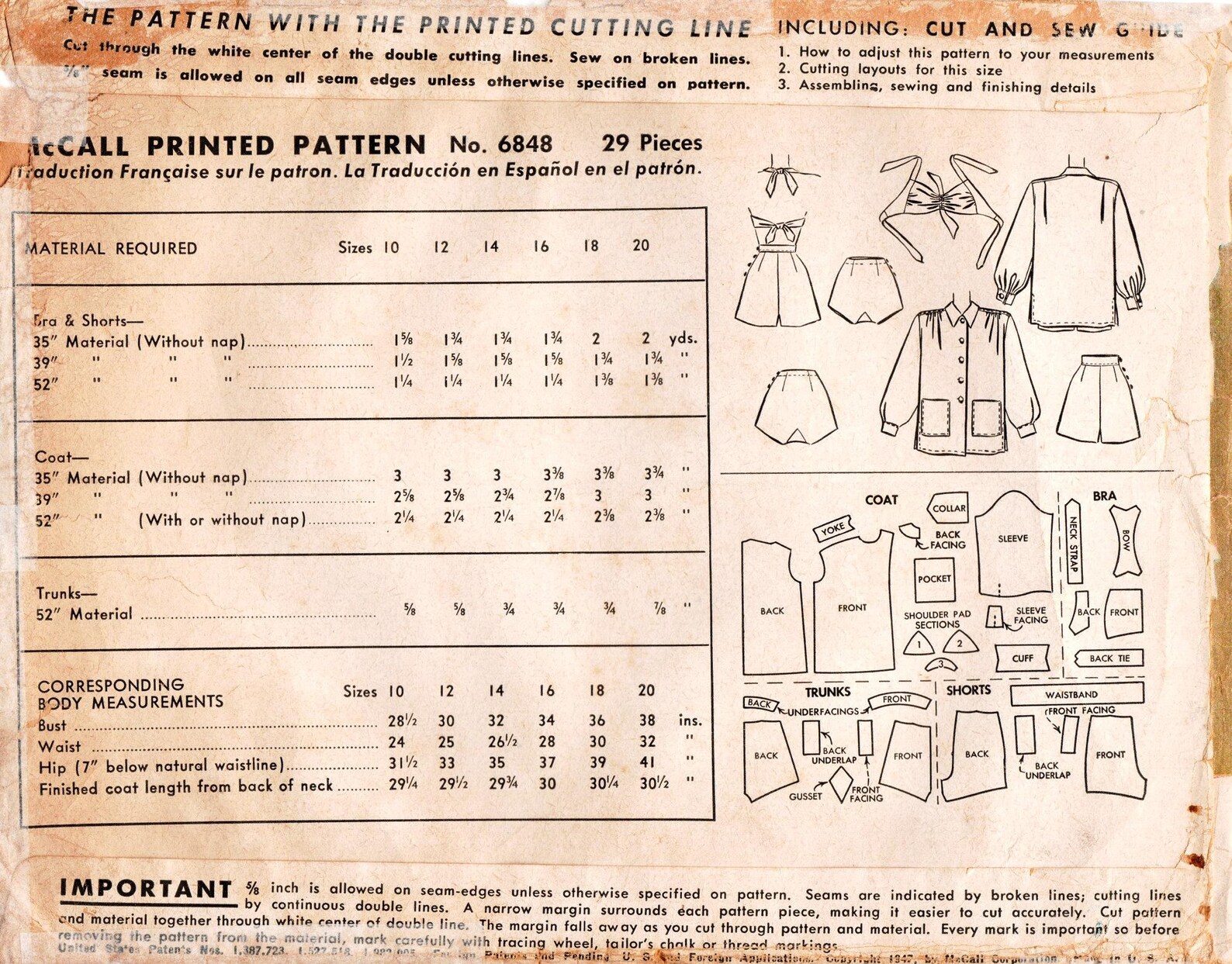 Sz 16/bust 34 Vtg 40's Pattern Mccall 6848 Misses' Three-piece Beach ...