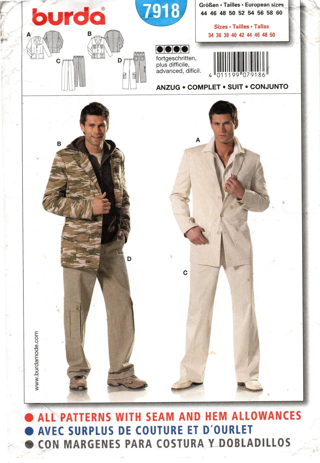 Burda 7918 Men's Jacket & Pants Sewing Pattern (size 34-50) - Etsy