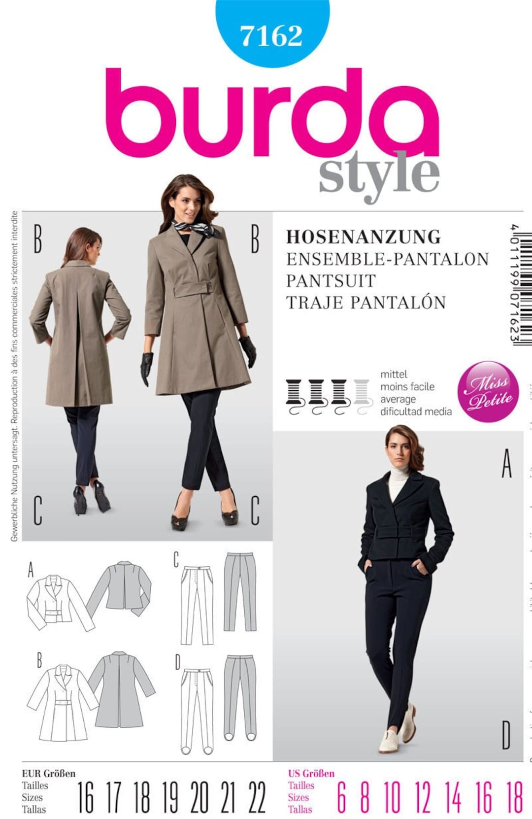 Burda Sewing Pattern 7162 - Misses' Coat or Jacket W/front Belt and ...