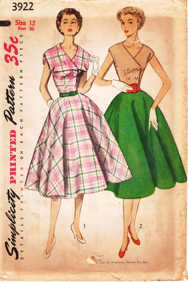 SZ 12/bust 30 Vtg 50s Dress Pattern Simplicity 3922 Misses' Double ...