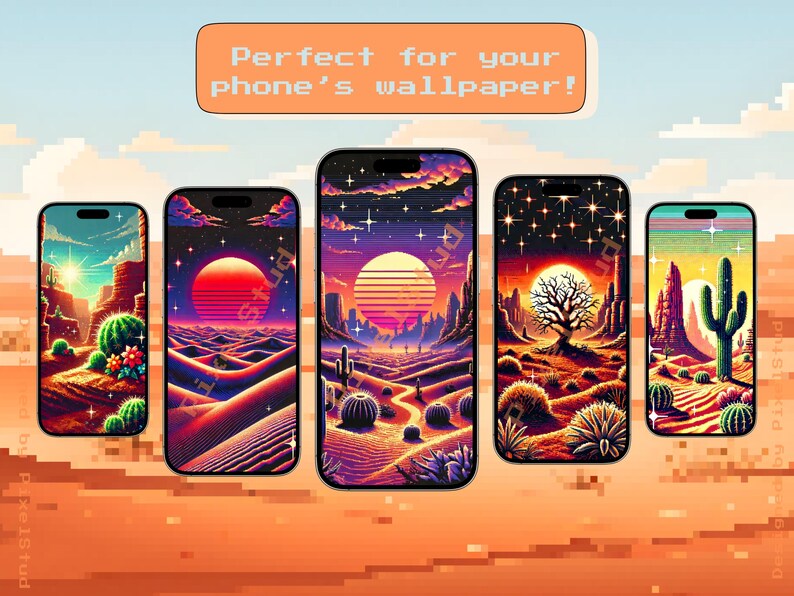 Desert Theme Pixelated iPhone Wallpapers - 5-pack 8-bit 16-bit Dreamy ...