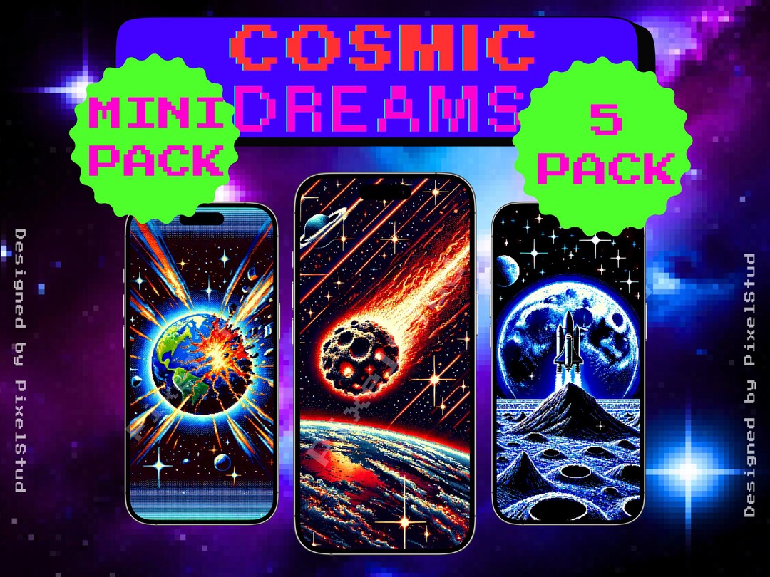Cosmic Space Theme Pixel Art iPhone Wallpapers – 5-pack Bundle ...