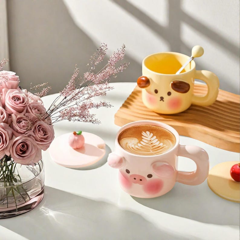 3D Cartoon Animal Ceramic Mug With Lid: Puppy & Pig Milk Cup - Etsy