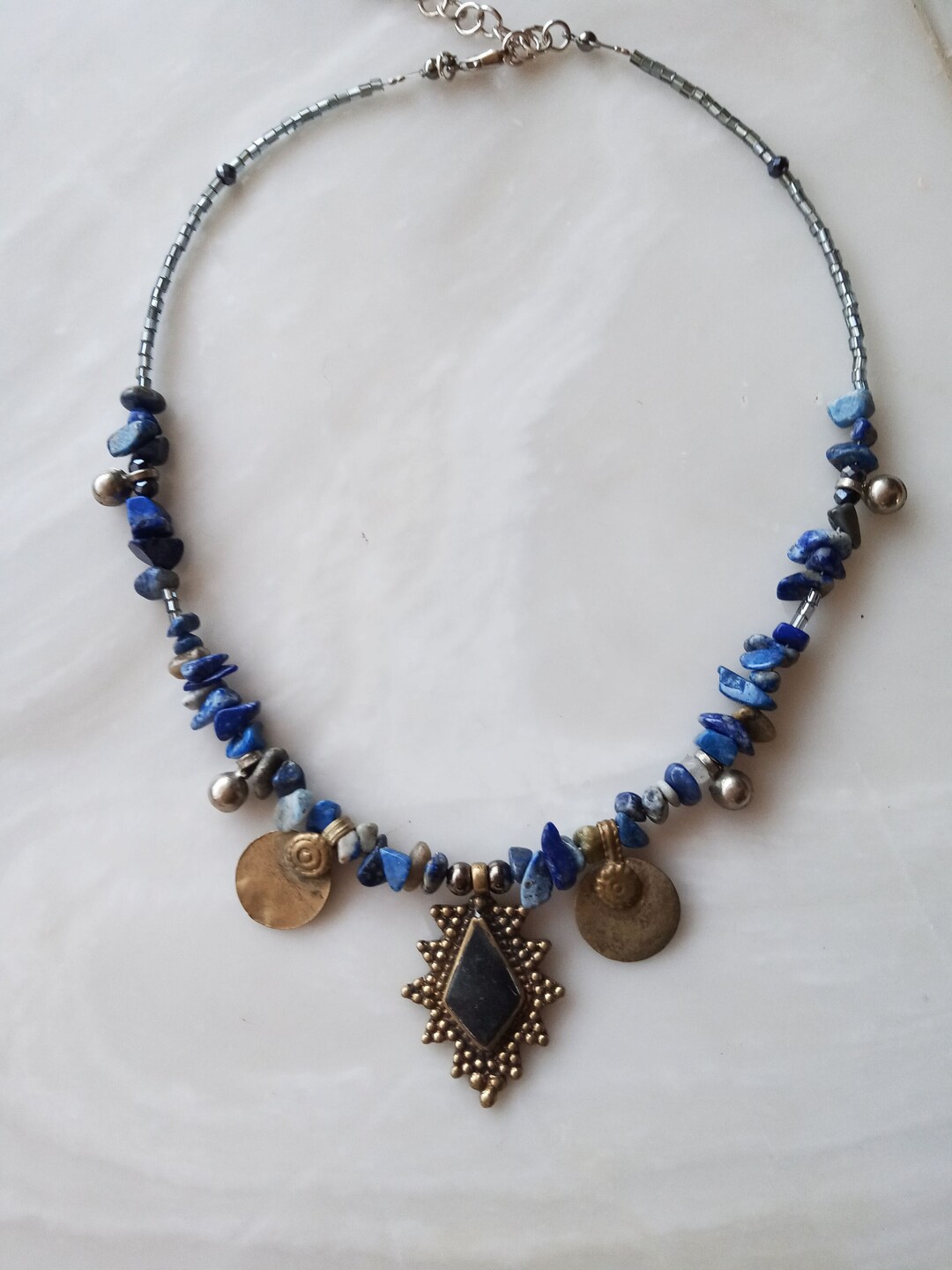 Ocean - Lapis Lazuli - Blue, Silver, Black Ethnic Assemblage Necklace ...