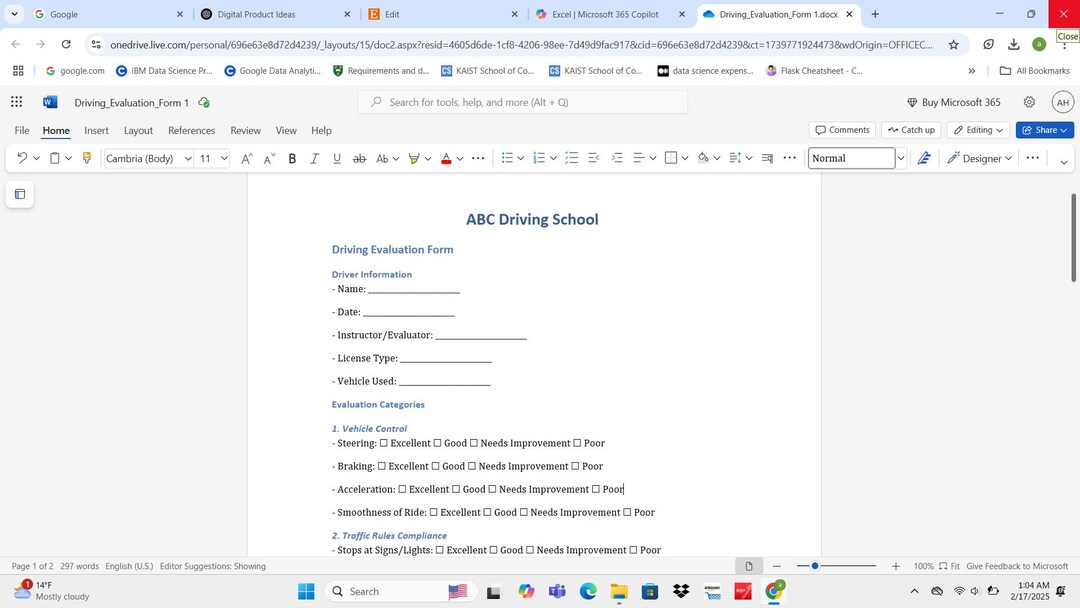 Driving Evaluation Form, Driver Assessment Sheet, Road Test Checklist ...