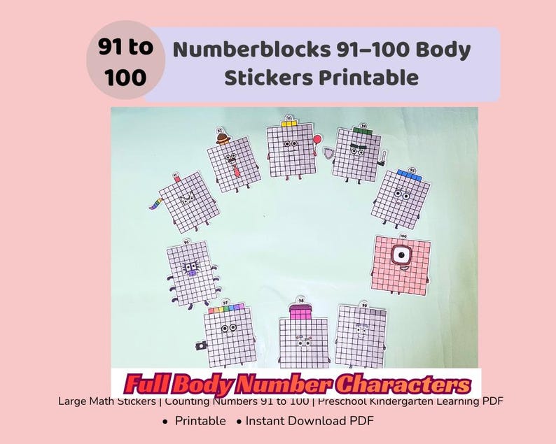 Numberblocks 91–100 Body Stickers Printable | Large Math Stickers ...