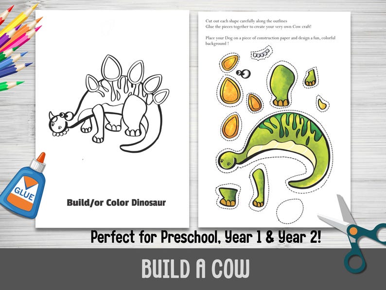 Build a Dinosaur Cut AND PASTE Activity for Kids. Craft Template, Build ...
