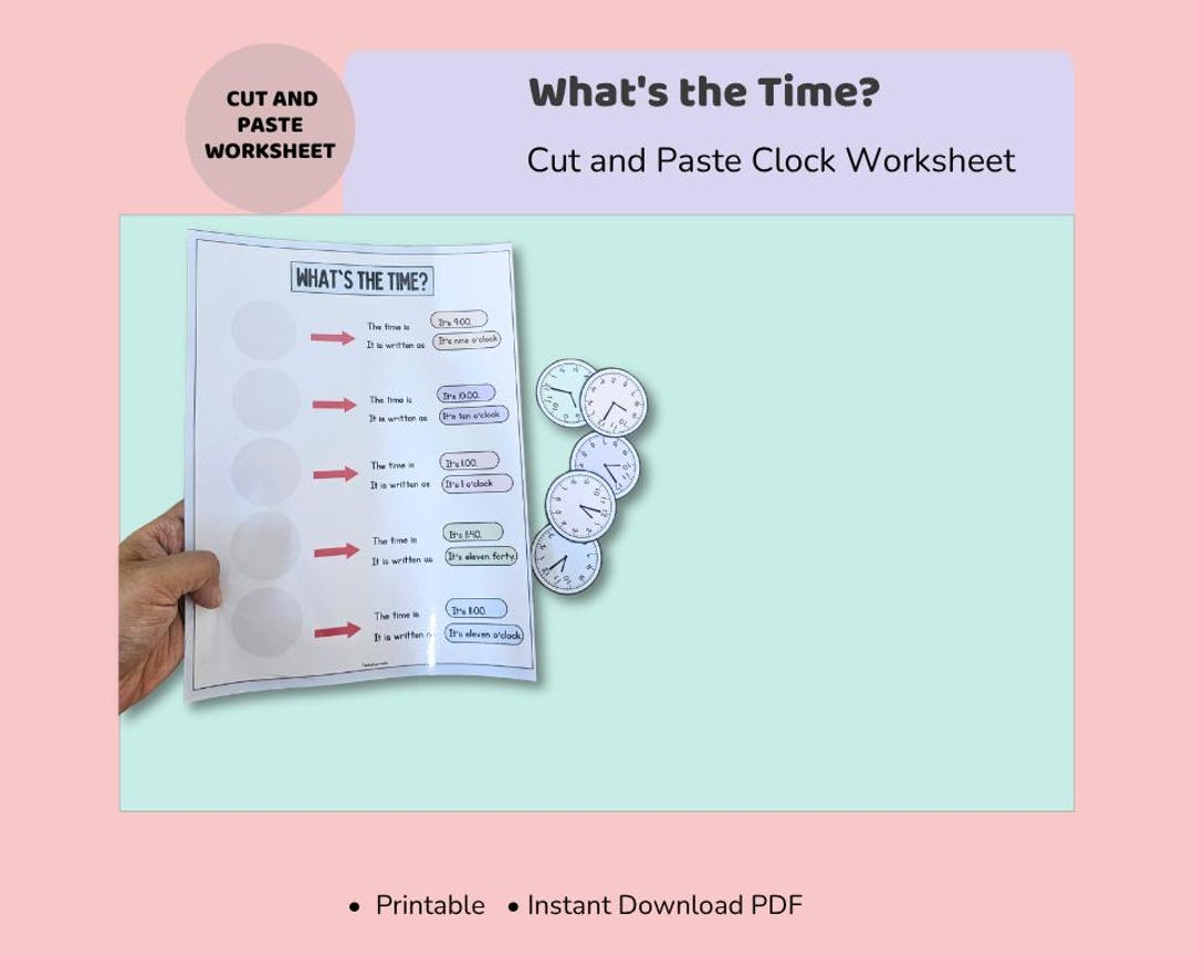 What's the Time? Cut and Paste Clock Worksheet | Telling Time Printable ...