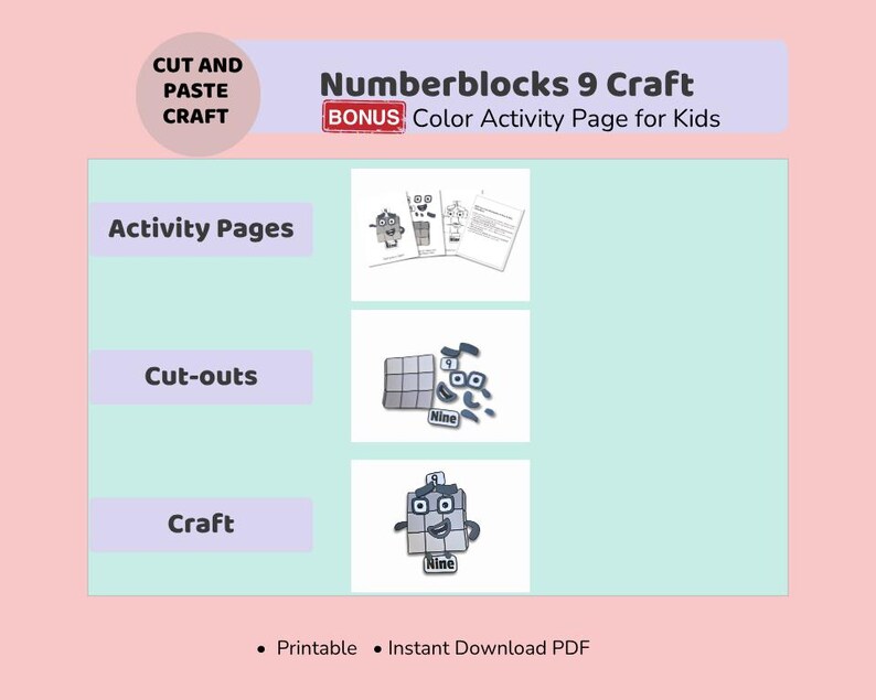 Numberblock 9 Craft Activity | Cut and Paste Math Printable | Preschool ...