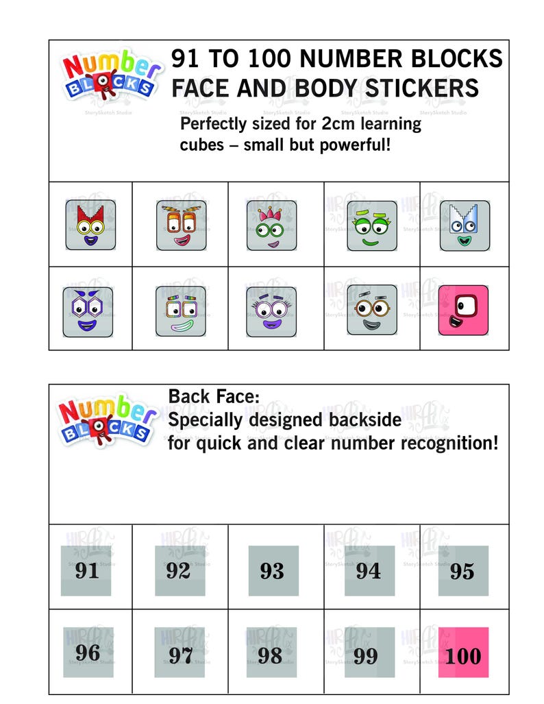 Numberblocks 81-100 Faces / for 2cm Cubes / Sticker Printing / Instant ...