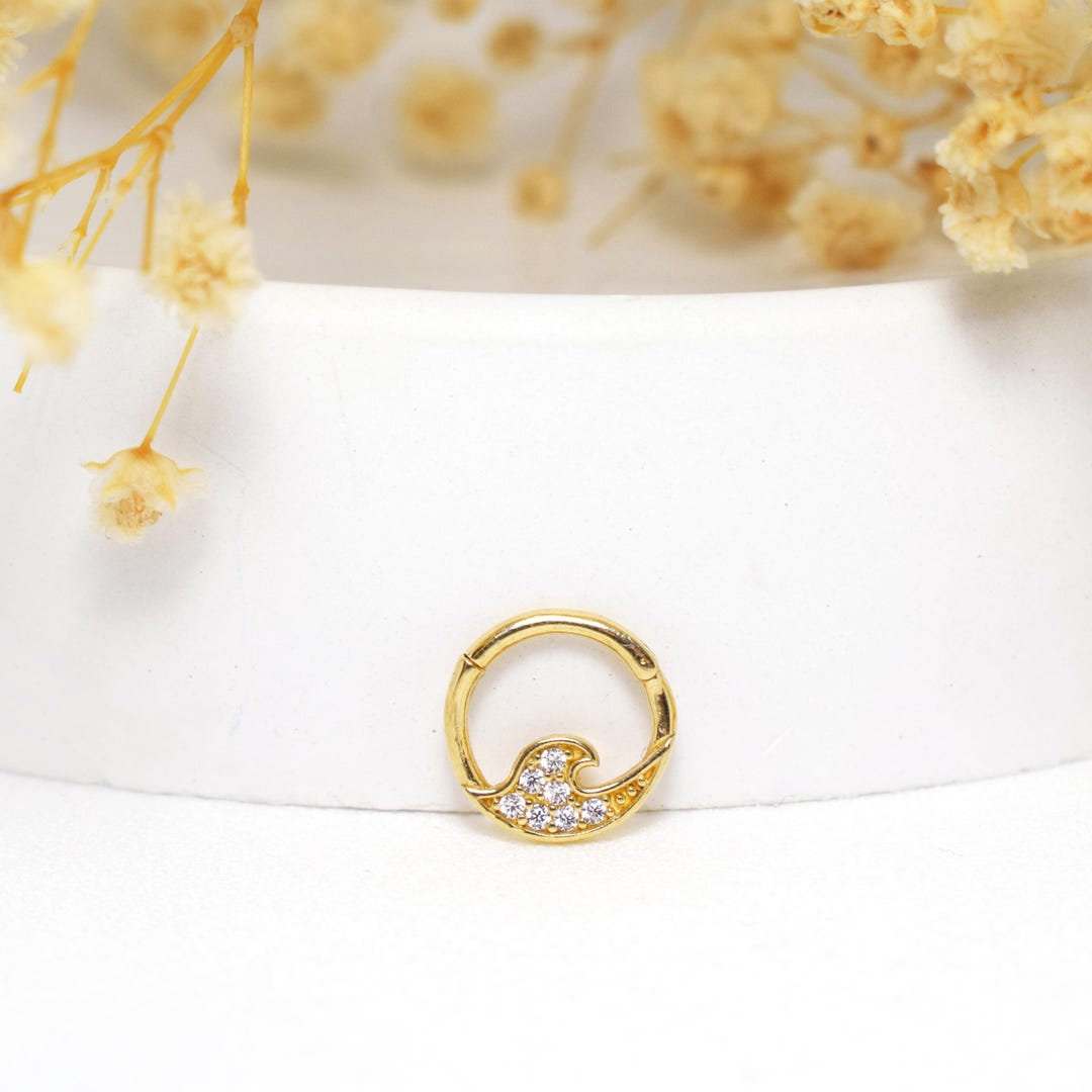 14K Solid Gold Piercing, Helix Piercing, Gemstone Huggie Earring, Gold ...