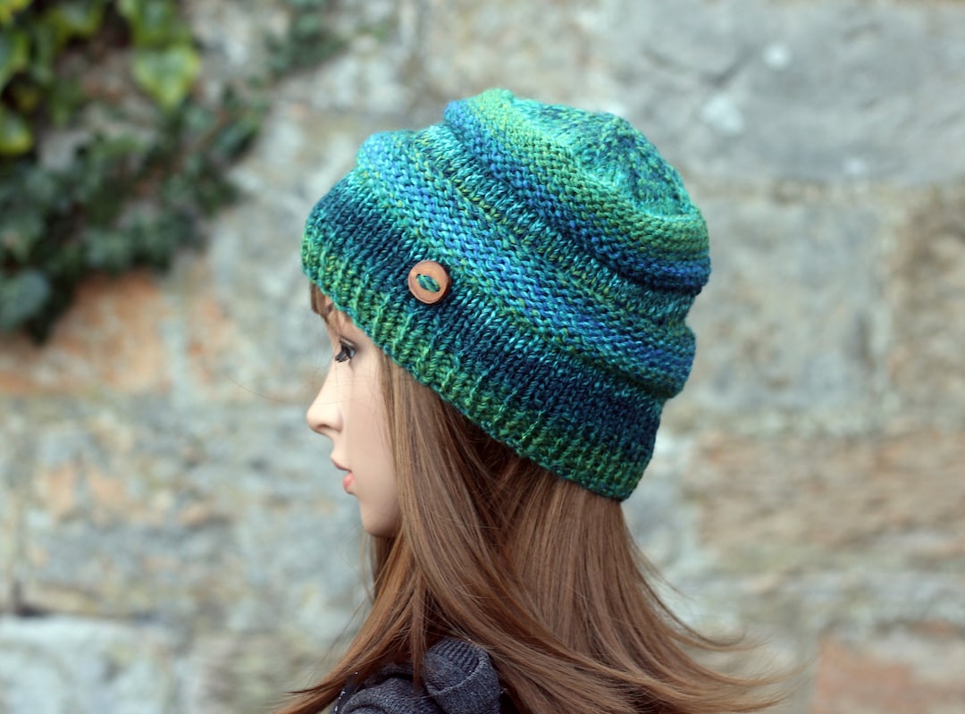 HAT Knitted Green Blue Autumn Chunky Winter Hat, Women's Beanie Cap ...