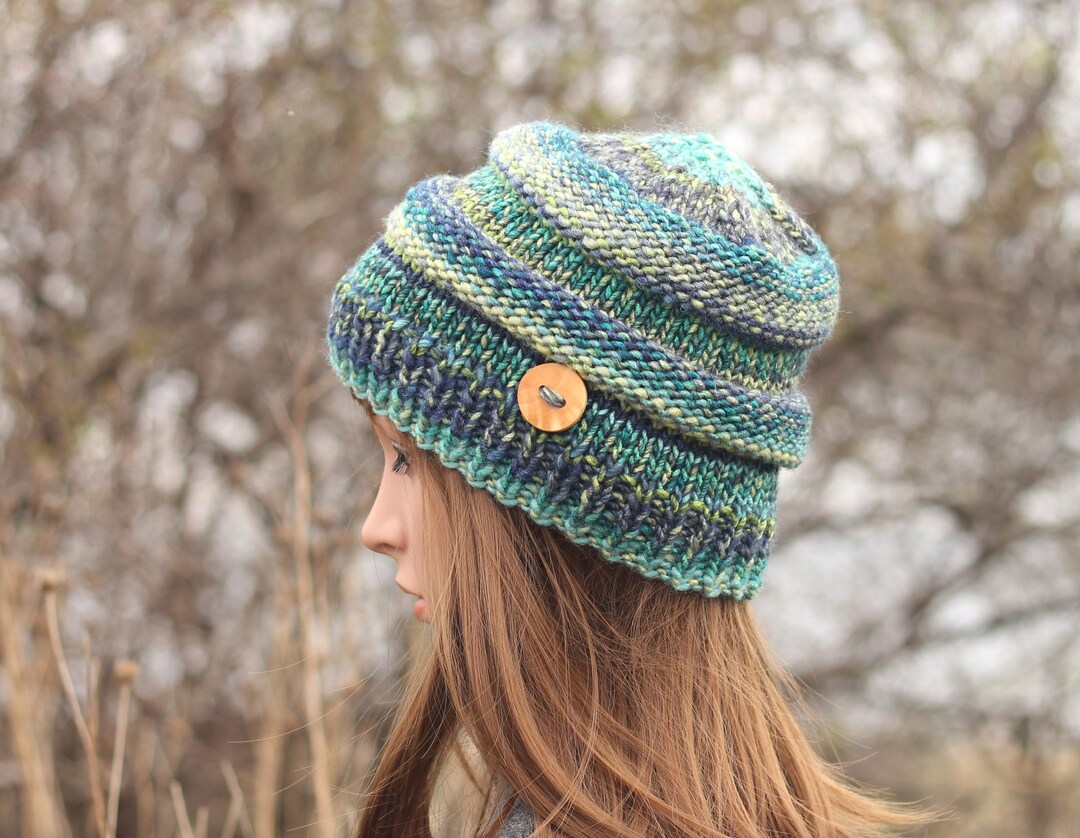 HAT Knitted Blue Green Mix, Chunky Autumn Winter Hat, Women's Beanie ...
