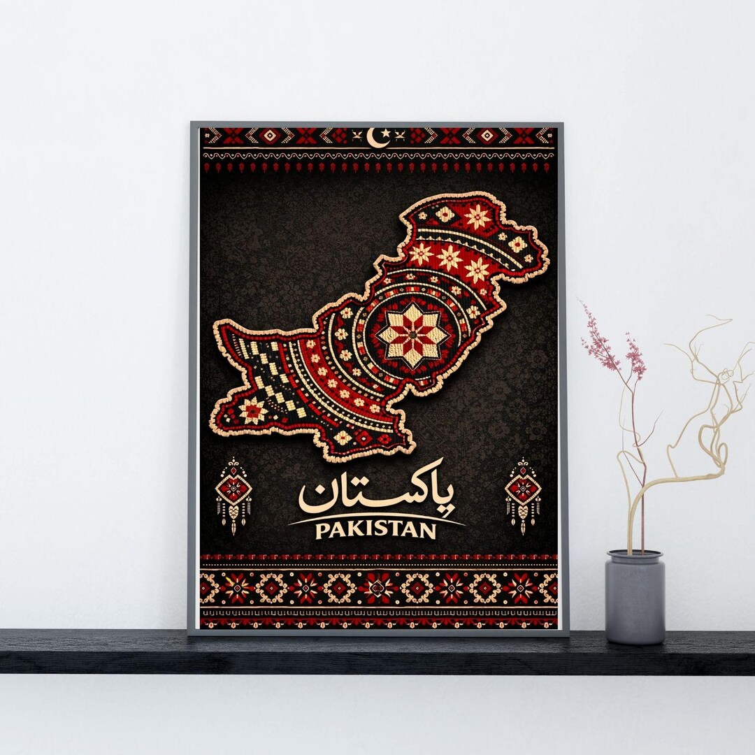 Pakistan Ajrak Style Map Poster – Traditional Sindhi Pattern Wall Art ...