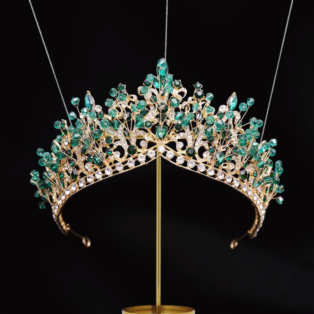 Green Crystal Bridal Gold Crown | Princess Gold Crown | Quinceanera ...