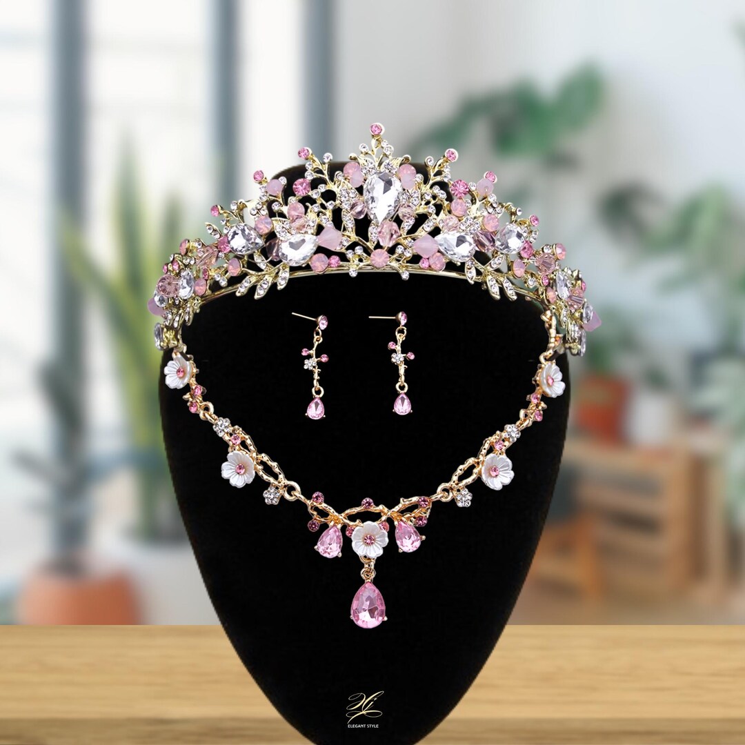 Pink Crystal Bridal Prefect Crown Set | Elegant Quinceanera Pink ...