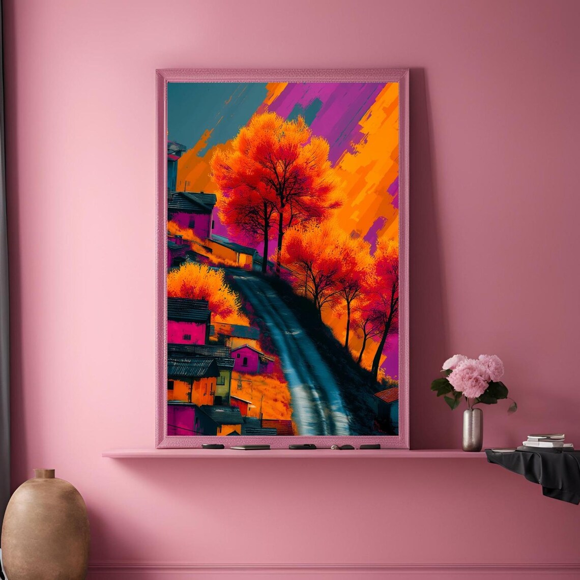 Neon Village Landscape Print – Vibrant Colorful Road Wall Art ...