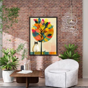 Cat and Colorful Tree Poster, Digital Illustration Print, Printable ...