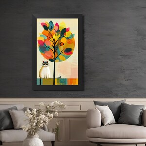 Cat and Colorful Tree Poster, Digital Illustration Print, Printable ...