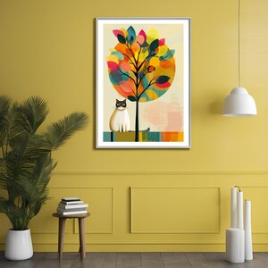Cat and Colorful Tree Poster, Digital Illustration Print, Printable ...