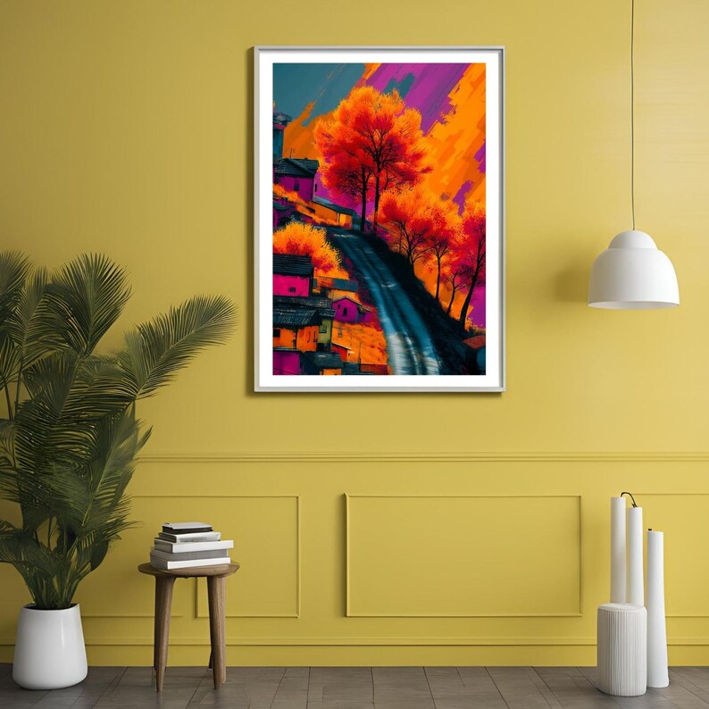 Neon Village Landscape Print – Vibrant Colorful Road Wall Art ...