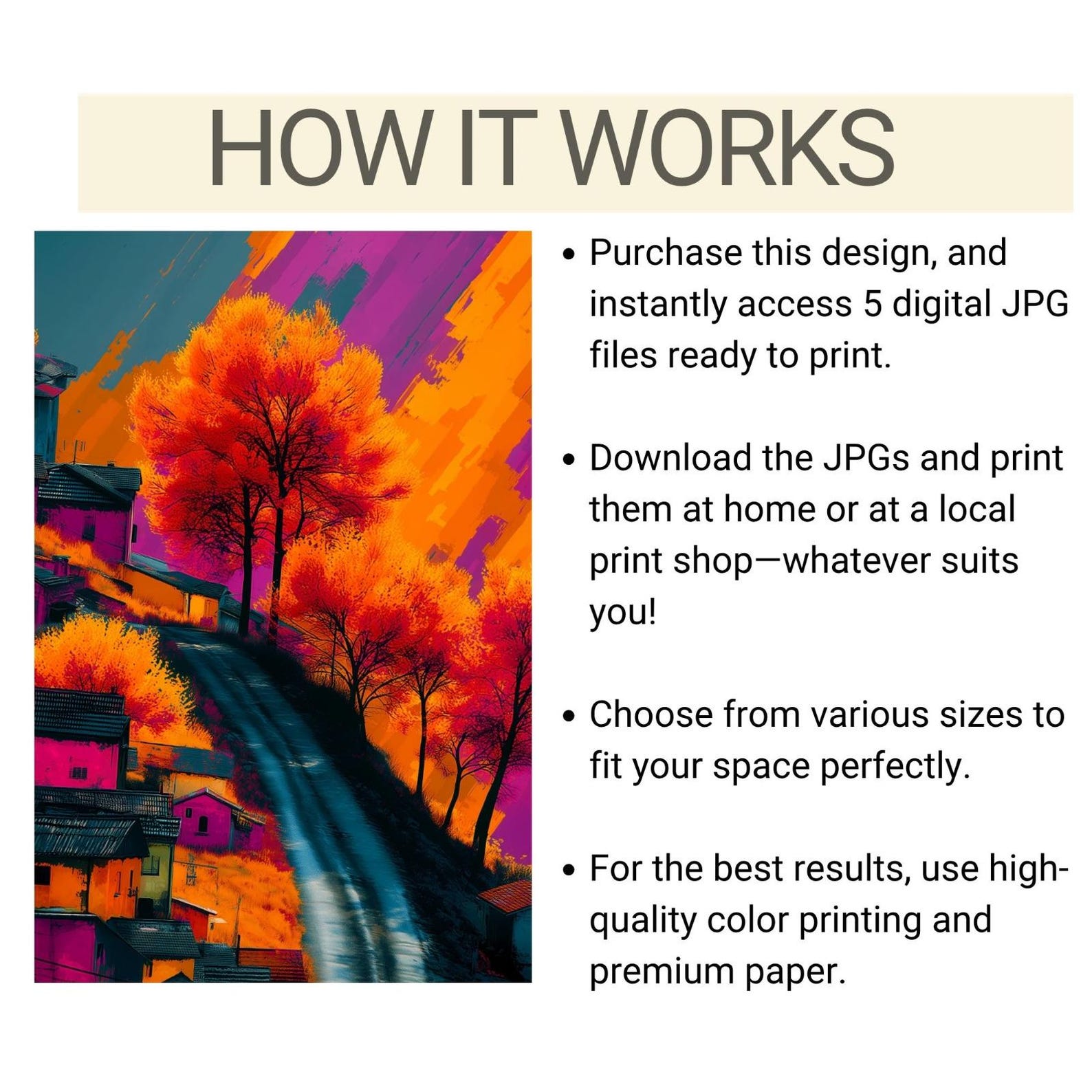 Neon Village Landscape Print – Vibrant Colorful Road Wall Art ...