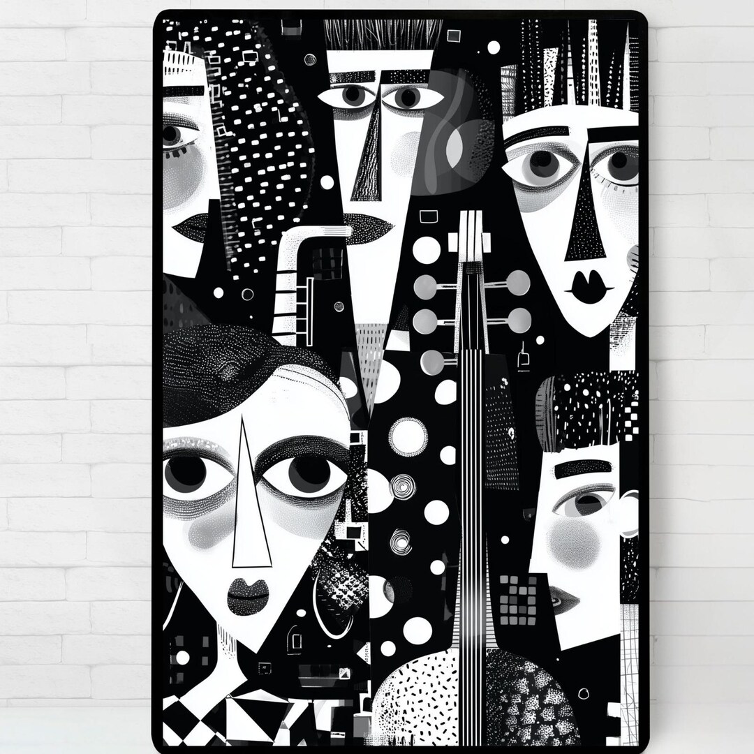 Cubist Jazz Faces Print: Modern Black and White Abstract Art (digital ...