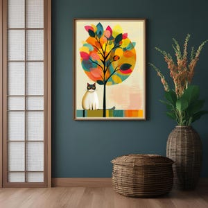 Cat and Colorful Tree Poster, Digital Illustration Print, Printable ...