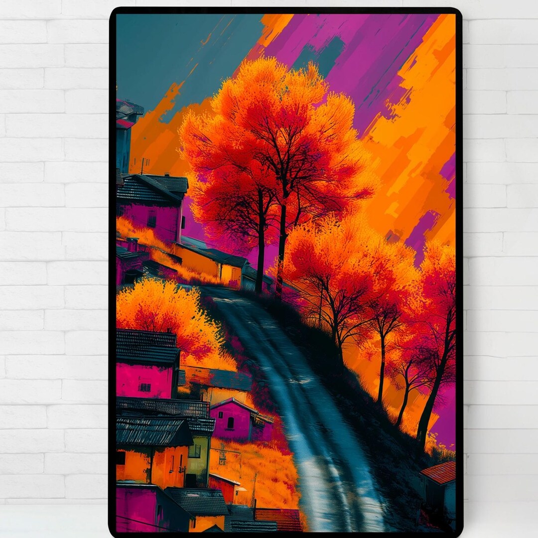 Neon Village Landscape Print – Vibrant Colorful Road Wall Art ...