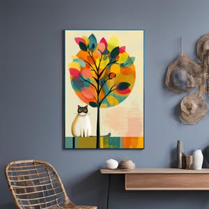 Cat and Colorful Tree Poster, Digital Illustration Print, Printable ...