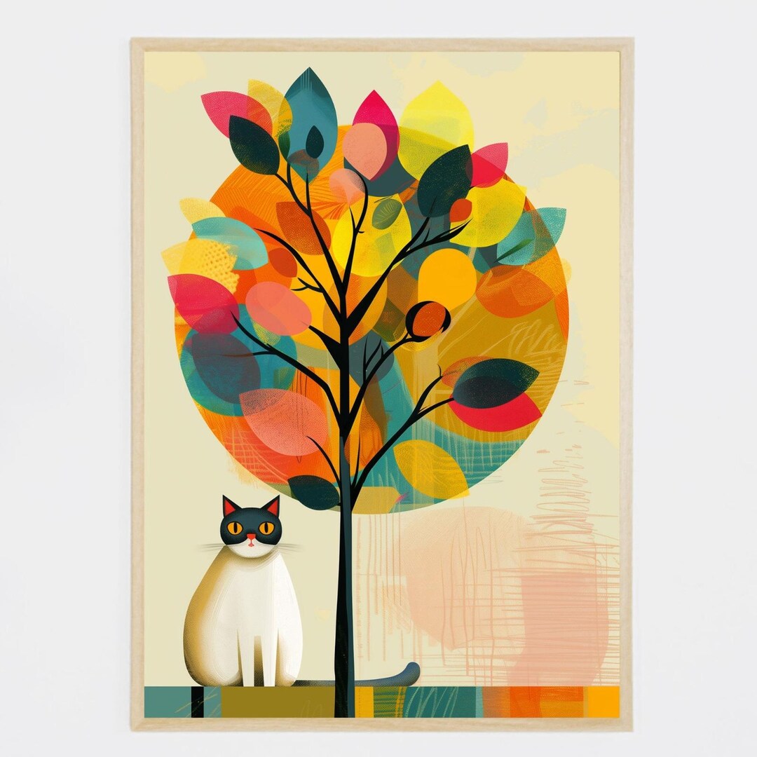 Cat and Colorful Tree Poster, Digital Illustration Print, Printable ...
