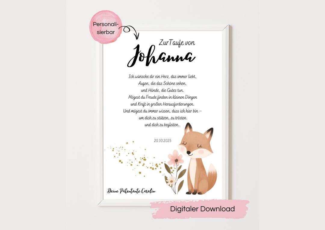 Godparent Certificate for Baptism "fox" | Personalized Baptism Gift for ...