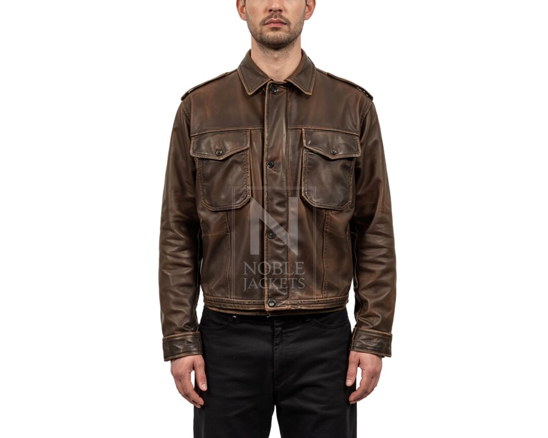 Men’s Brown Leather Trucker Jacket – Distressed Real Leather Utility ...