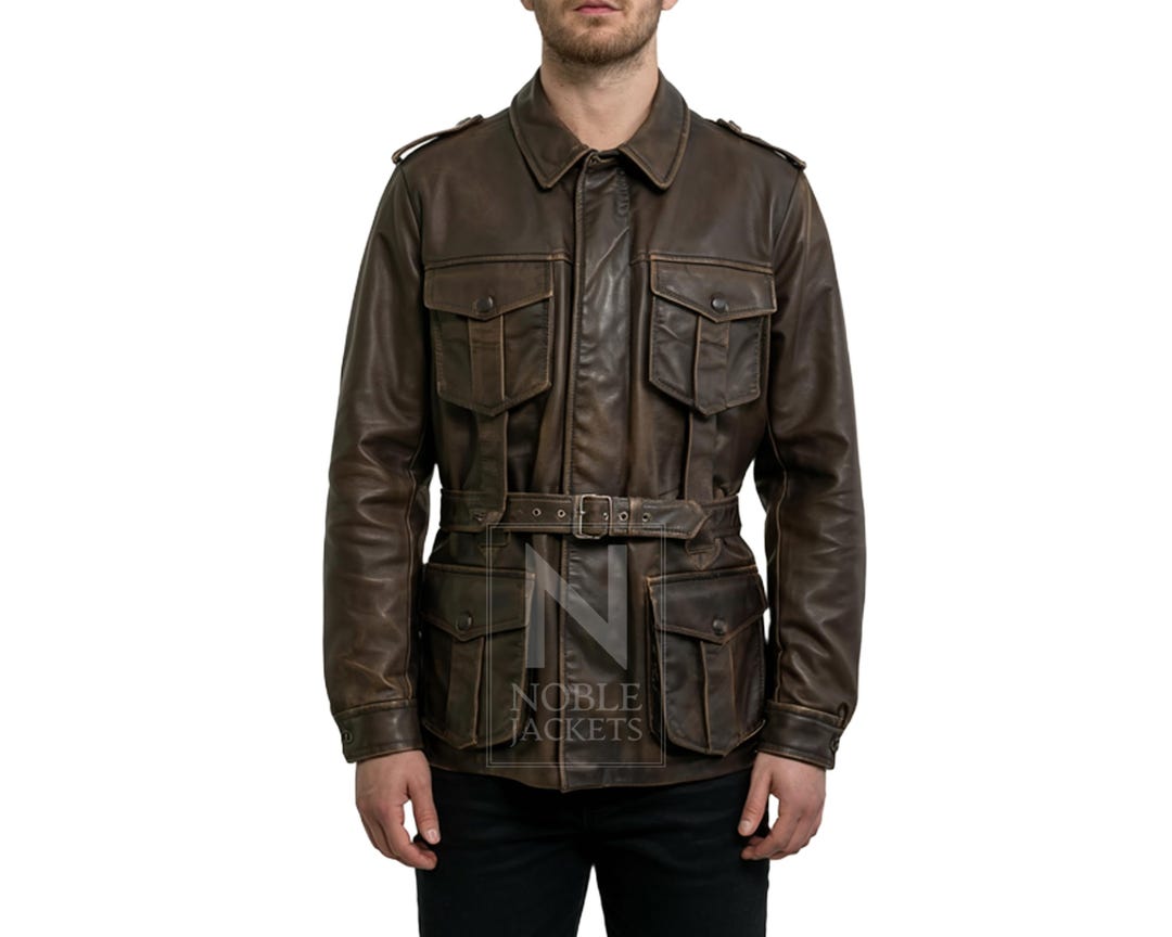 Men’s Brown Leather Field Jacket – Real Leather Safari Coat With ...