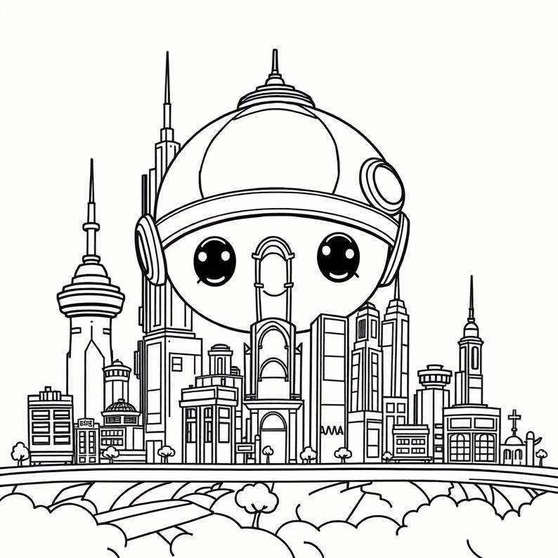 Utopian Future City Coloring Page | Sci-fi Architecture Line Art ...