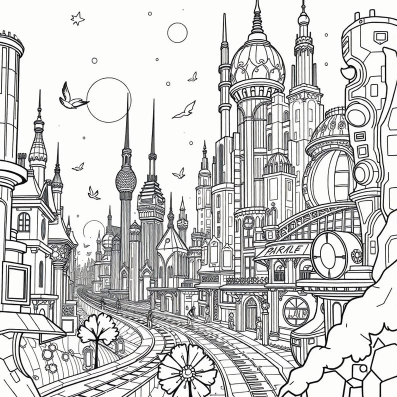 Utopian Future City Coloring Page | Sci-fi Architecture Line Art ...