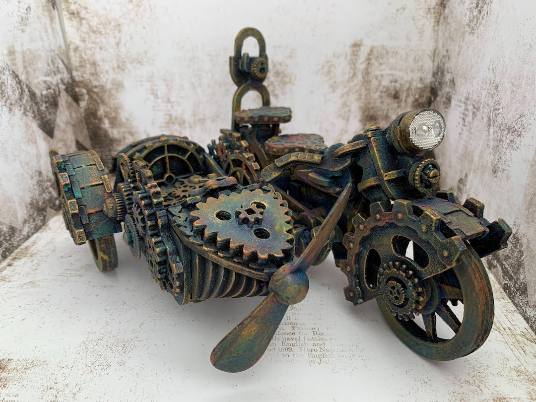 Mixed Media Steampunk Motorcycle With Sidecar 3D Ugears Model. Modified ...