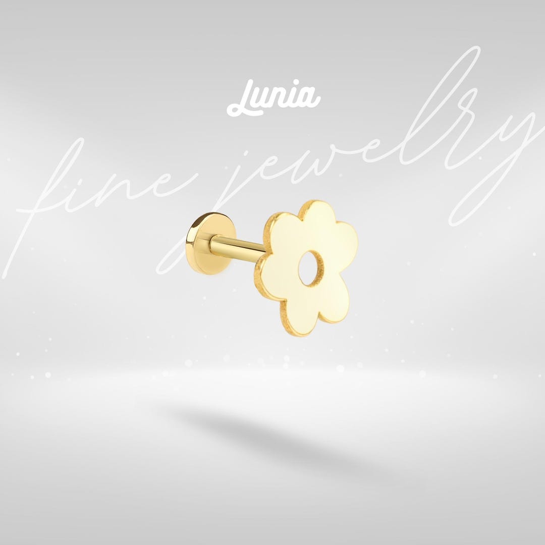 14K Solid Gold Flower Flatback Ear Piercing Lobe Earring Studs ...