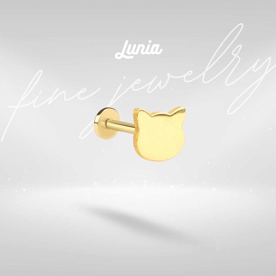 14K Solid Gold Cat Flatback Ear Piercing Tiny Kitty Tragus Lobe Helix ...