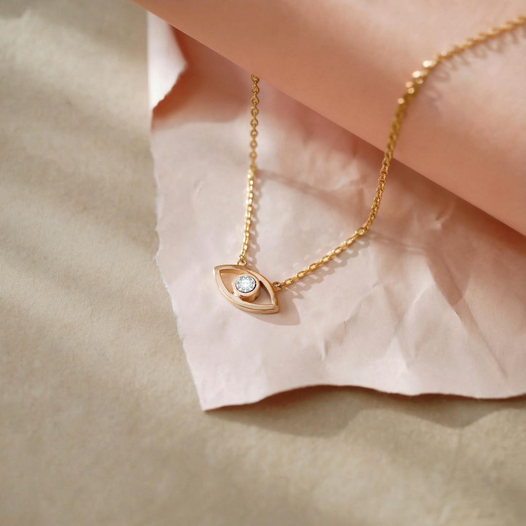 14K Solid Gold Diamond Solitaire Eye Evil Eye Necklace CZ Stone Hamsa ...