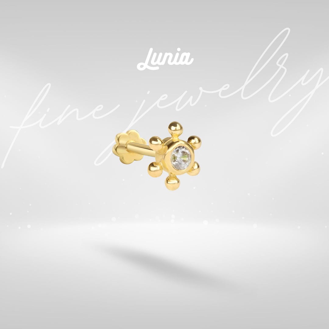 14K Solid Gold Ship Wheel Flatback Ear Piercing With CZ Stone Helix ...