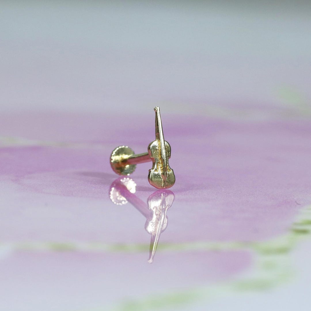 14K Real Solid Gold Violin Cartilage Daith Helix Tragus Conch Rook Snug ...