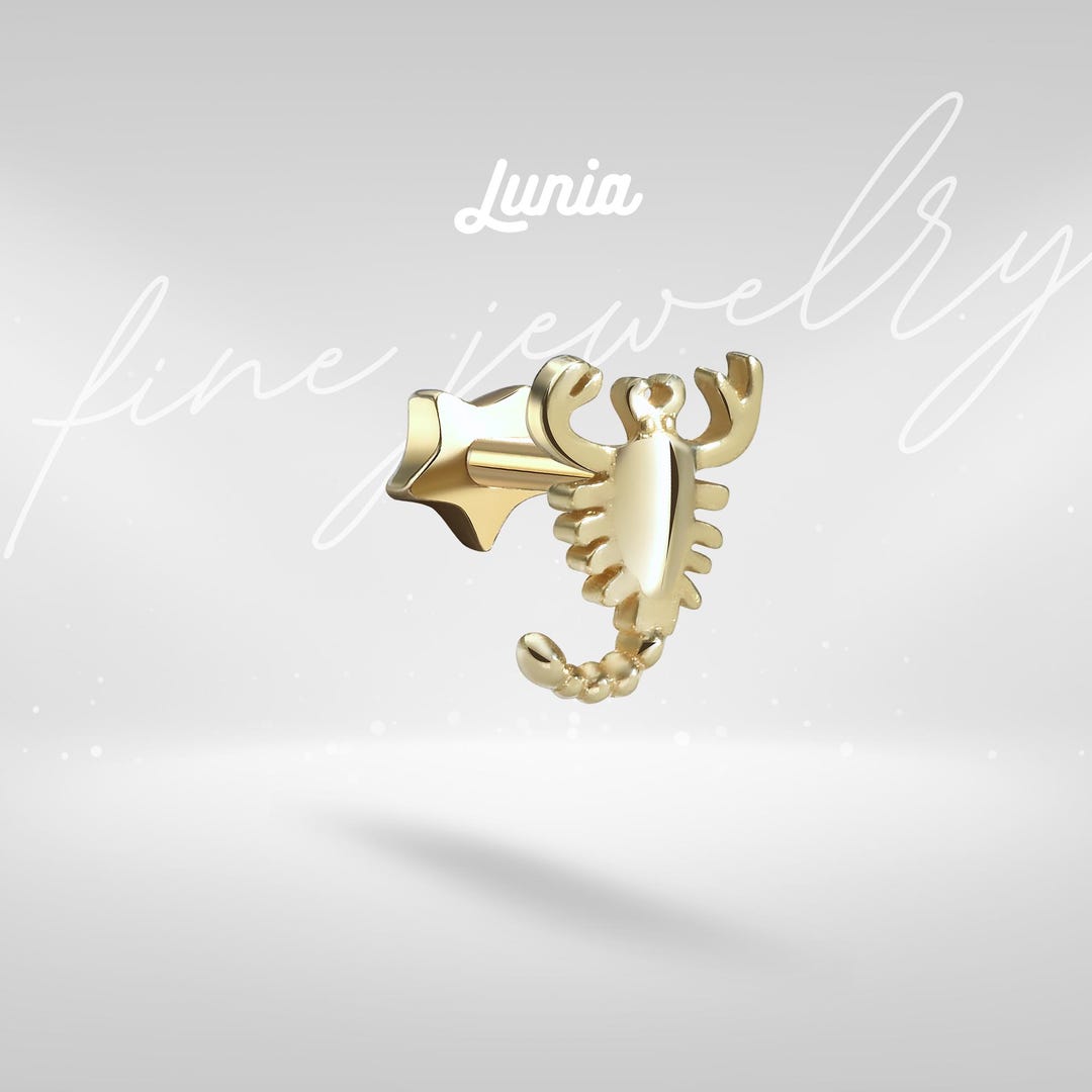 14K Solid Gold Scorpion Flat Back Earring Real Gold Scorpio Conch ...