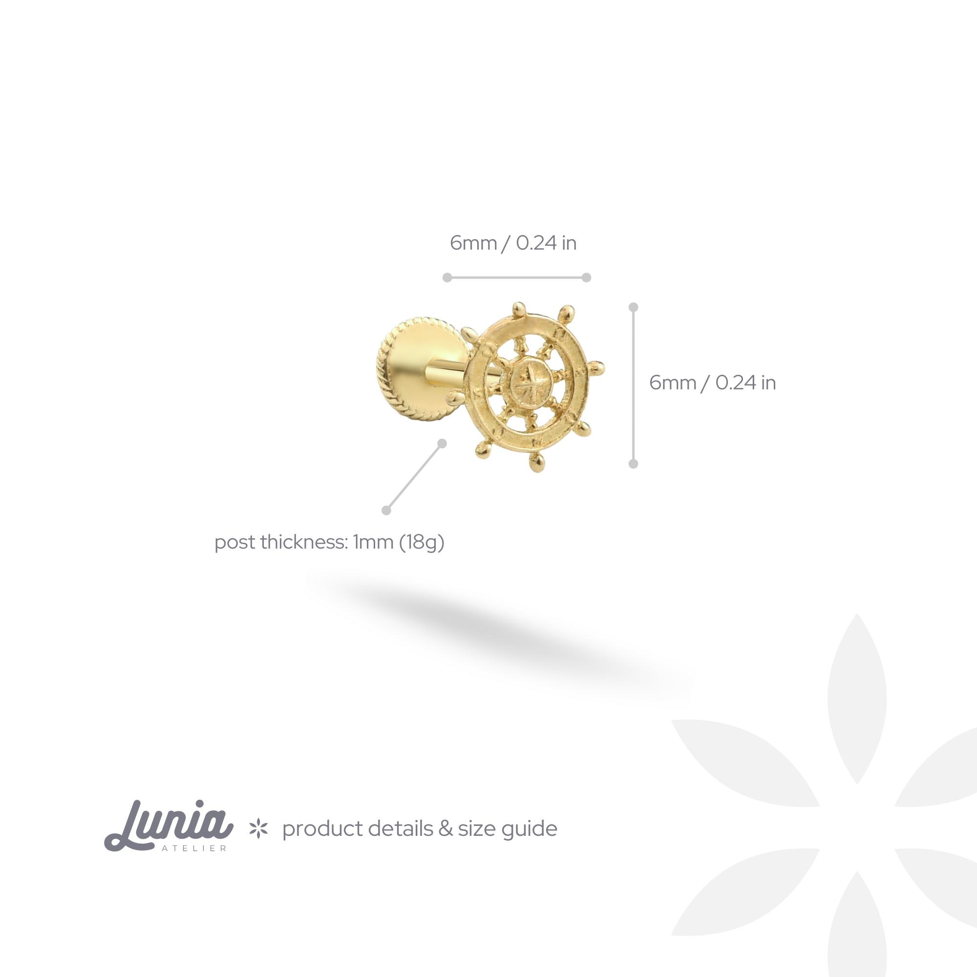 14K Solid Gold Ship Helm Flat Back Earrings Tragus Jewelry Nautical ...