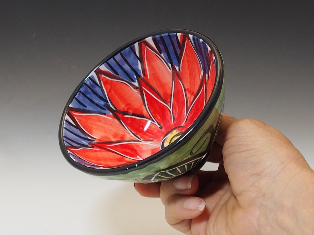 Red Lotus Flower Small Serving Pottery Bowl Handmade Majolica Cereal ...