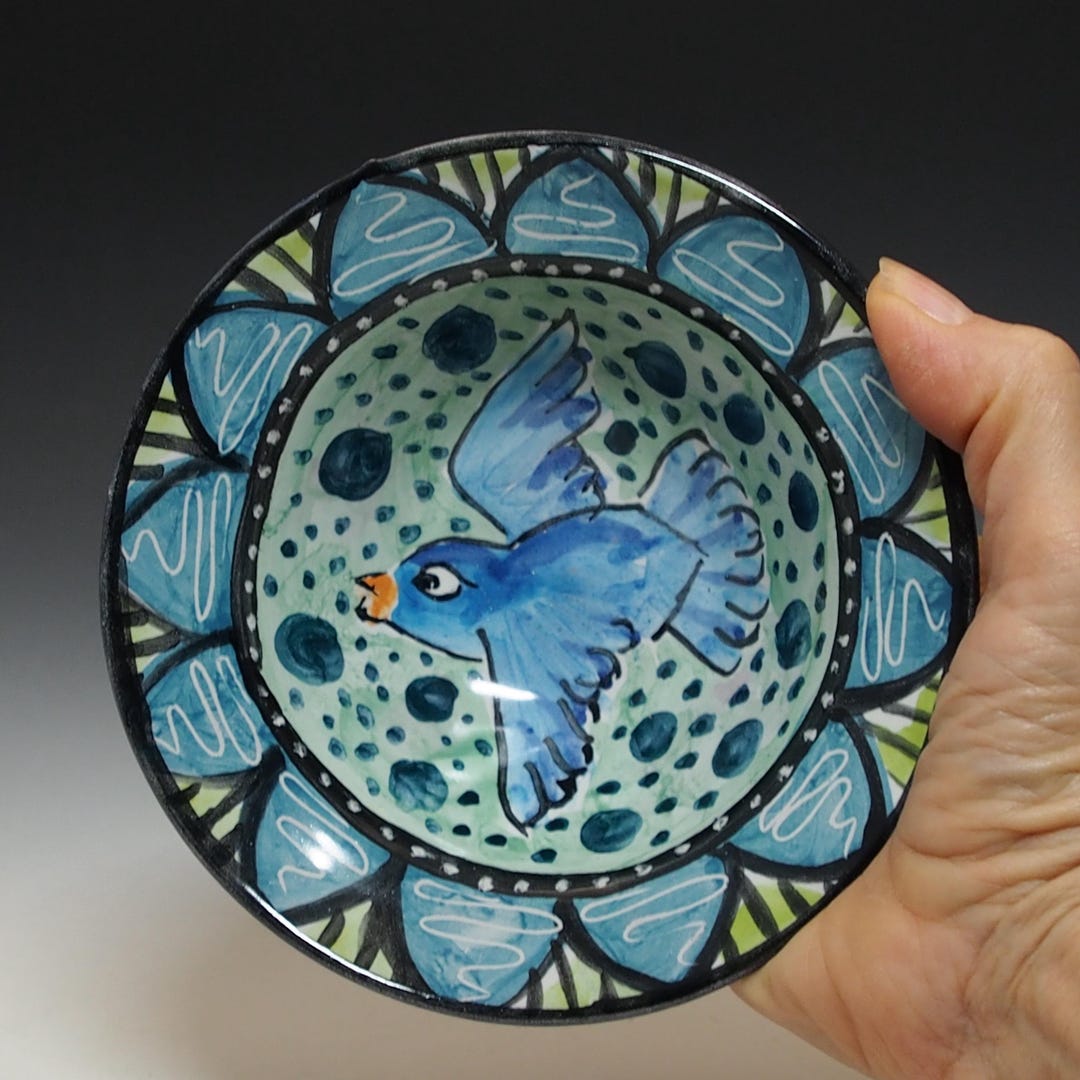 Handmade Blue Bird Pottery Bowl: Majolica Glazed Earthenware - Etsy