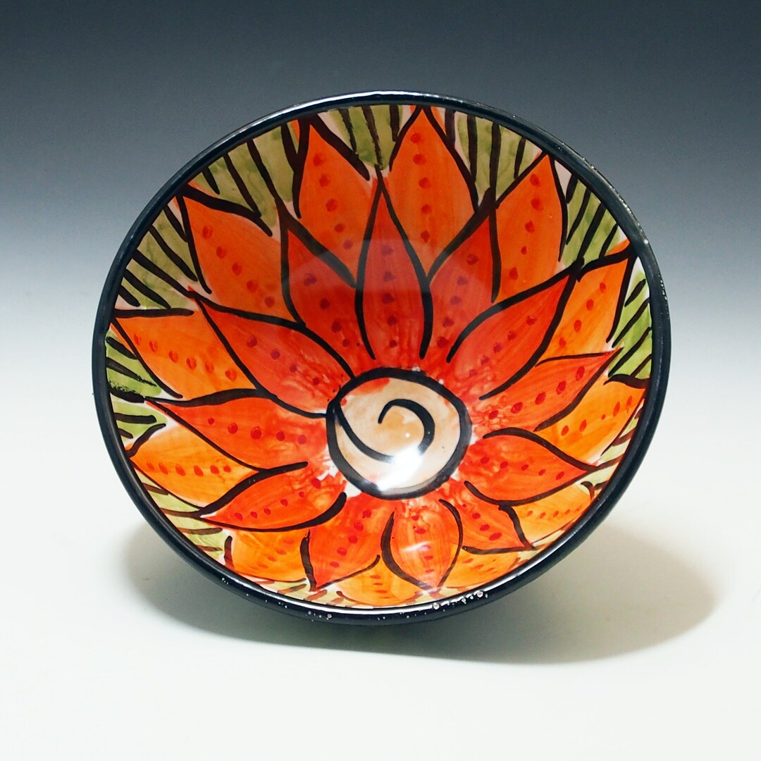 Red Orange Lotus Flower Medium Pottery Serving Bowl - Handmade Majolica ...