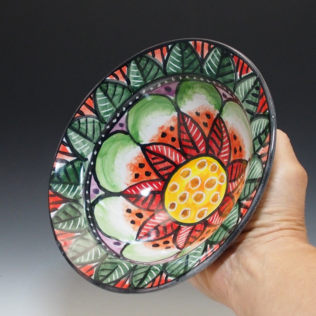 Ornate Red Watermelon Lotus Flower Pottery Serving Bowl - Handmade ...